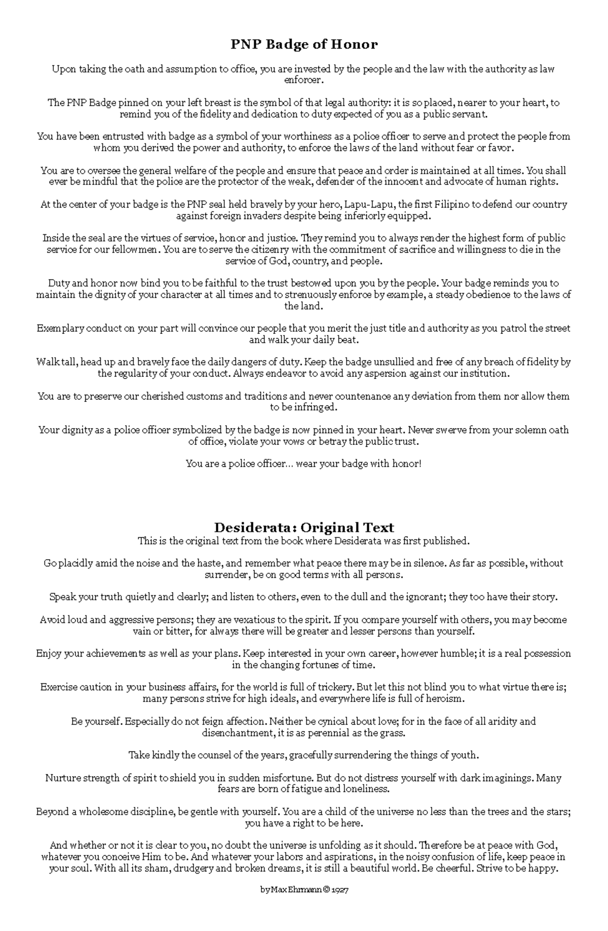 PNP Badge of Honor and Desiderata - PNP Badge of Honor Upon taking the ...