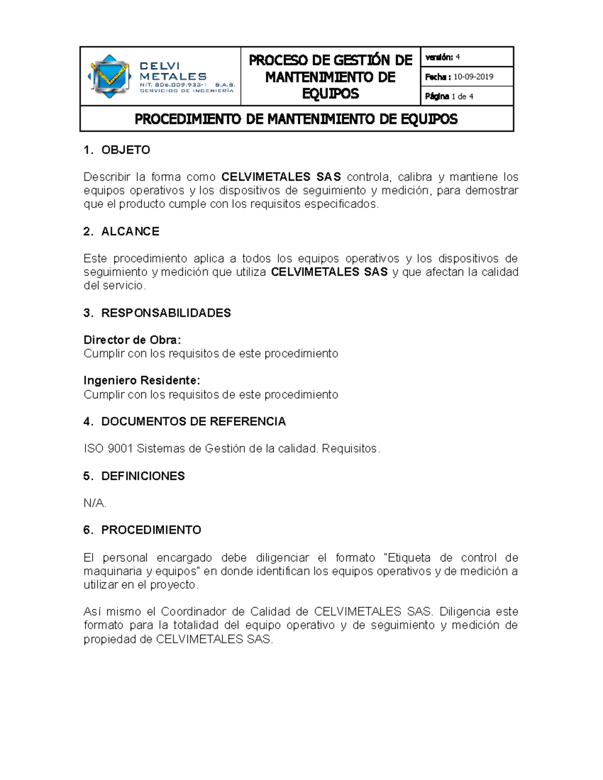 Procedimiento De Mantenimiento De Equipos Maquinaria E Instalaciones