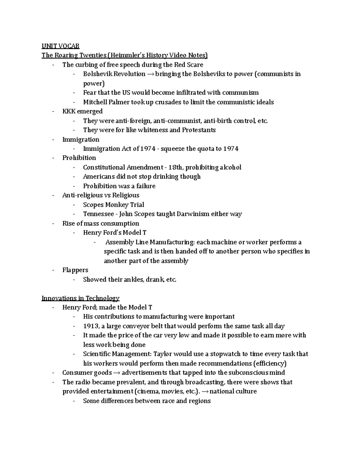 Unit 9 Vocabulary - UNIT VOCAB The Roaring Twenties (Heimmler’s History ...