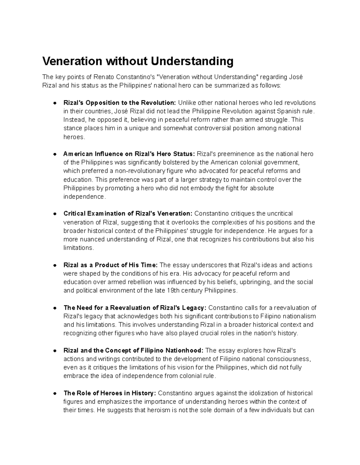 PI 100 Lec Notes I - Summary Rizal works - Veneration without ...