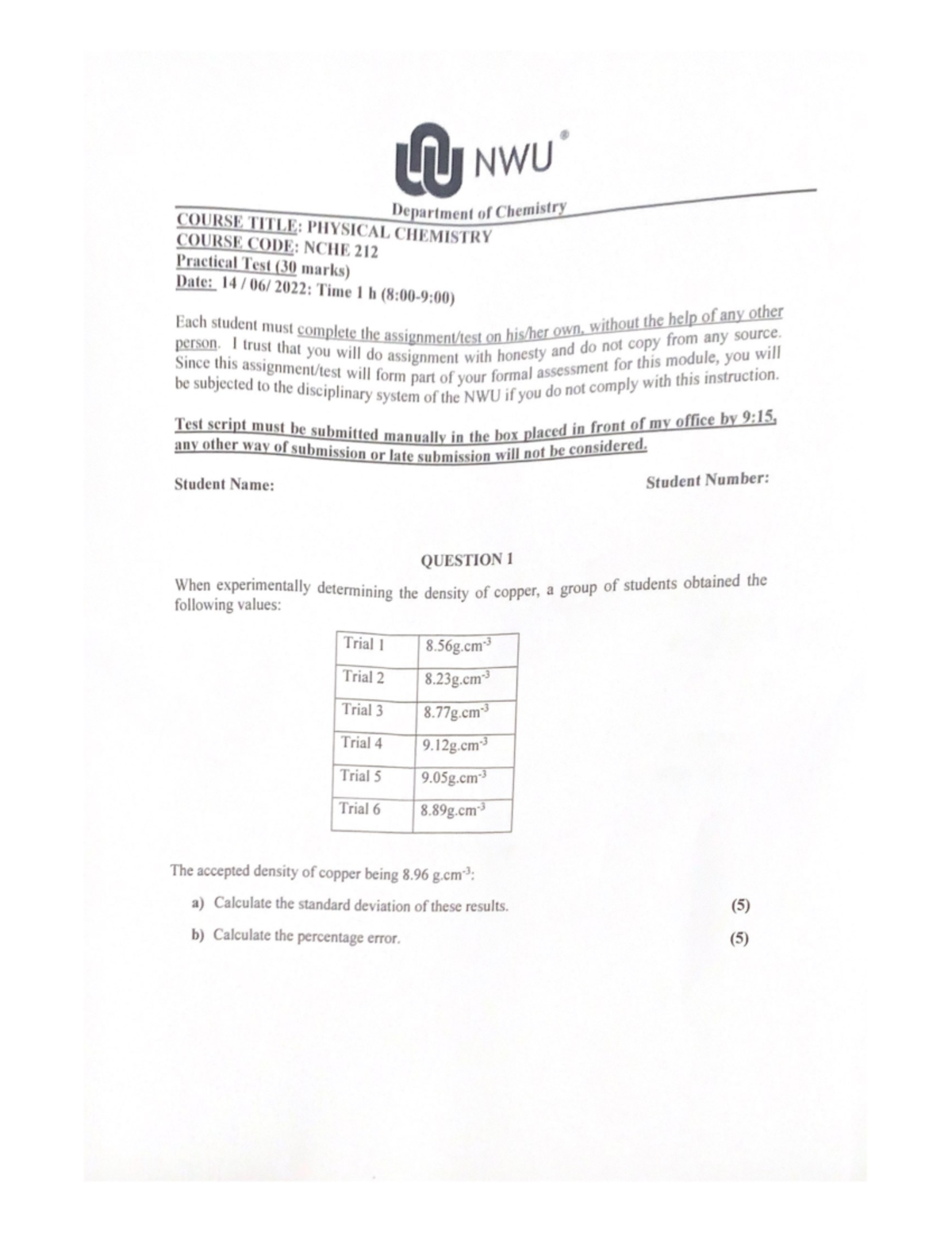 Practical Test Memo - MCHE221 - Studocu