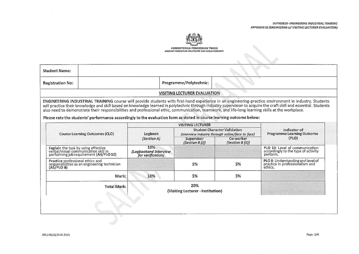 DUT600610-E2- Visiting Lecturer - industrial training - Studocu