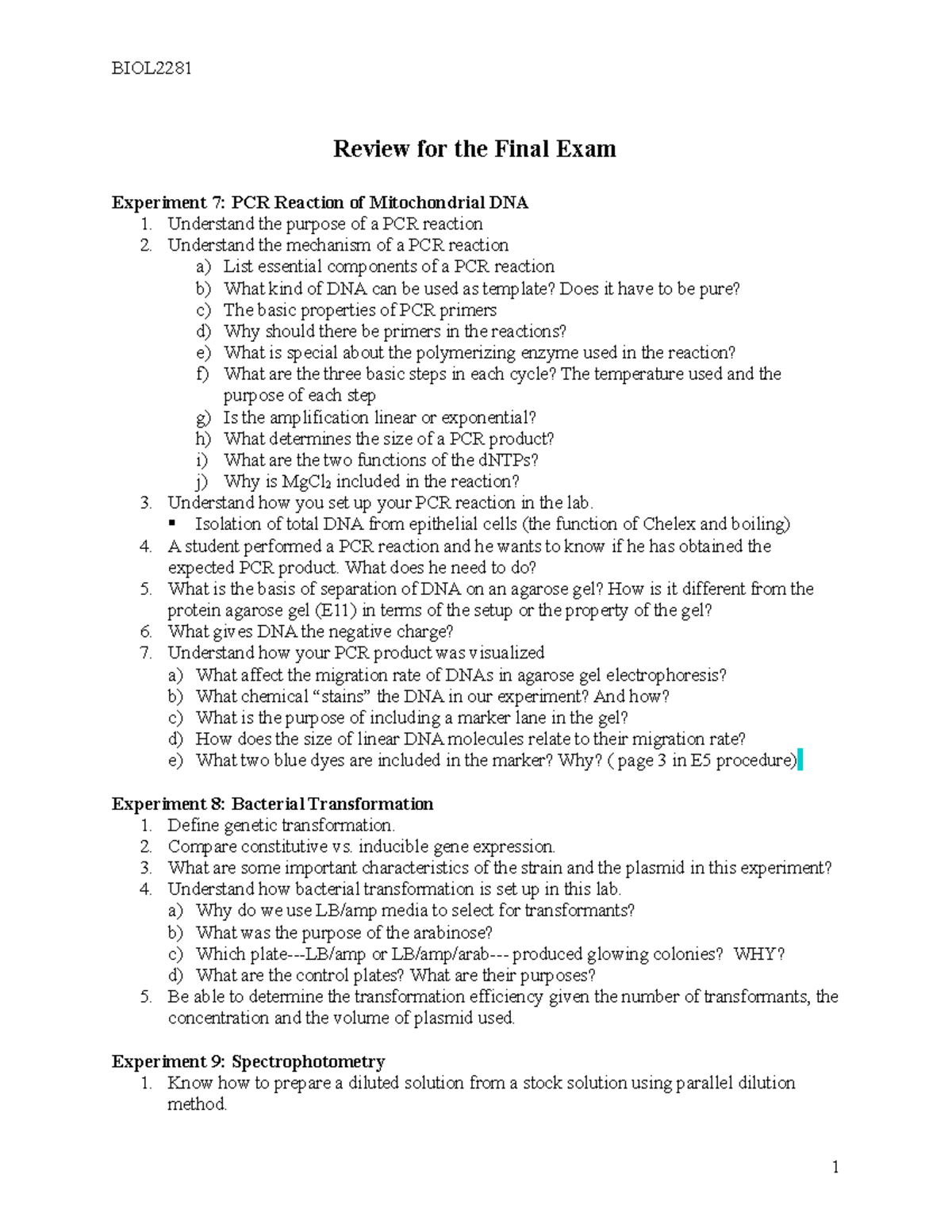 Final Exam Review Biol2281 Summer 2019 - BIOL2281 Review for the Final Exam Experiment 7: PCR ...