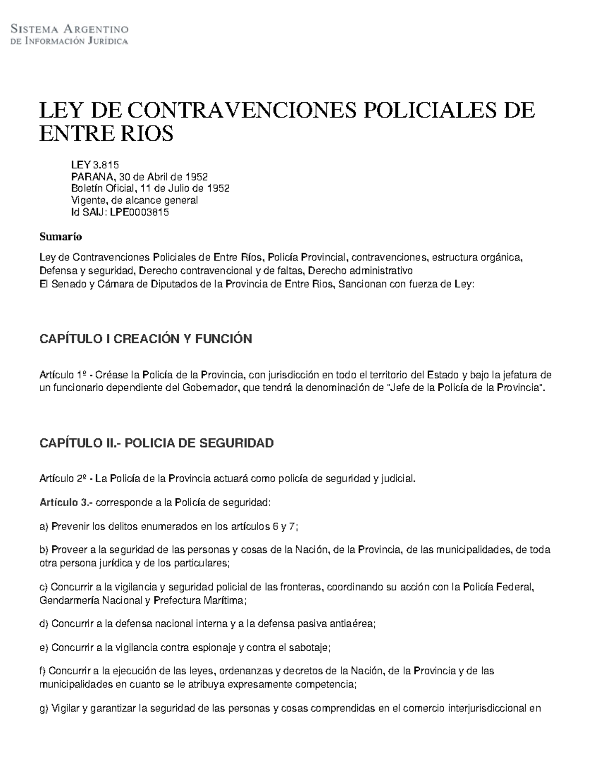 Ley 3815 Contravenciones policiales E - LEY DE CONTRAVENCIONES ...
