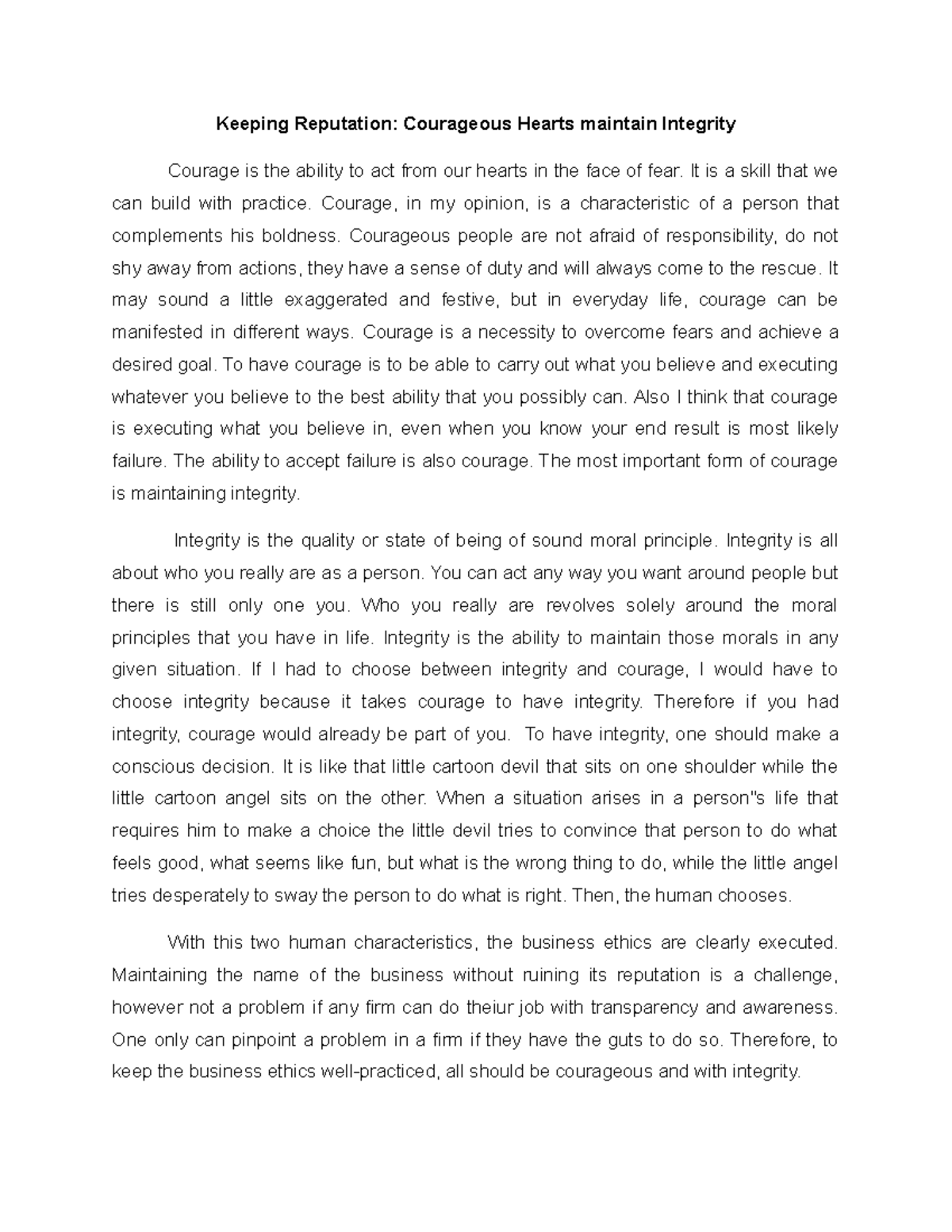 Reflection - Keeping Reputation: Courageous Hearts maintain Integrity ...