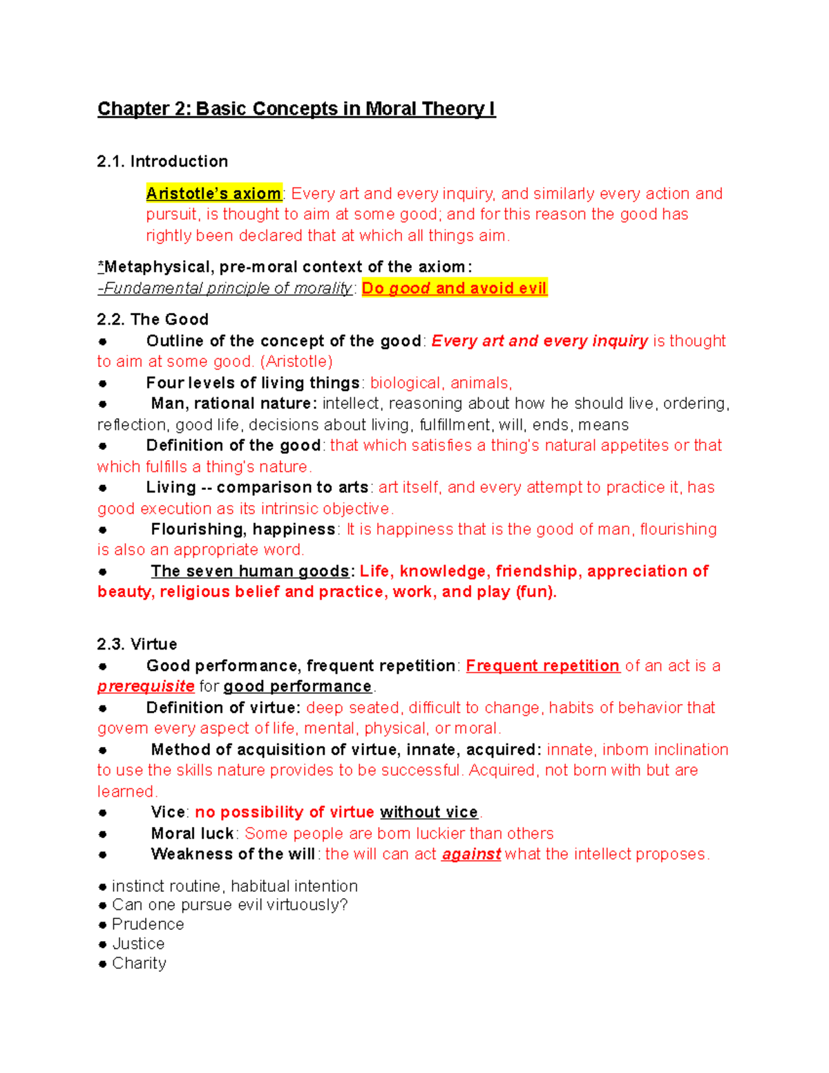 Study Guide #2 - Chapter 2: Basic Concepts in Moral Theory I Introduction Aristotle’s axiom ...