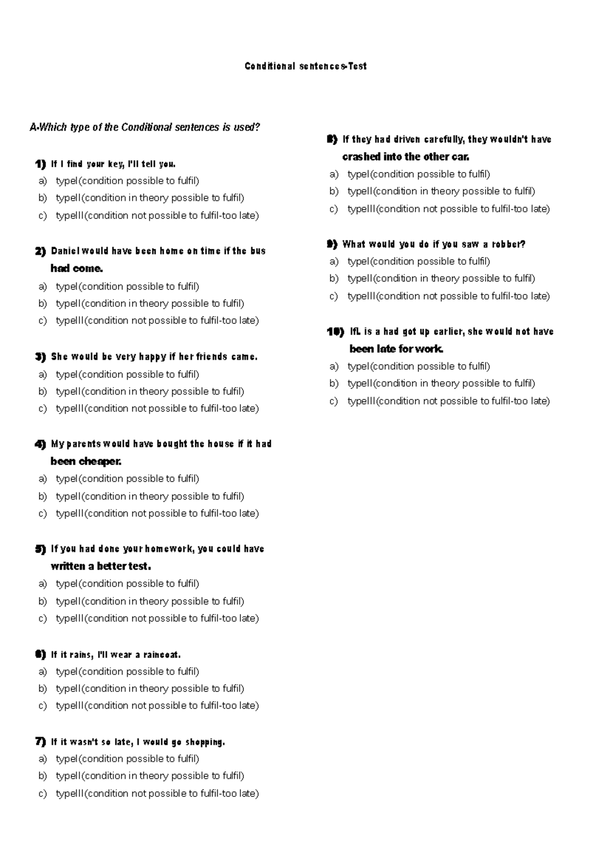 POST TEST- Grade 9 - you can use this material - Conditional sentences ...