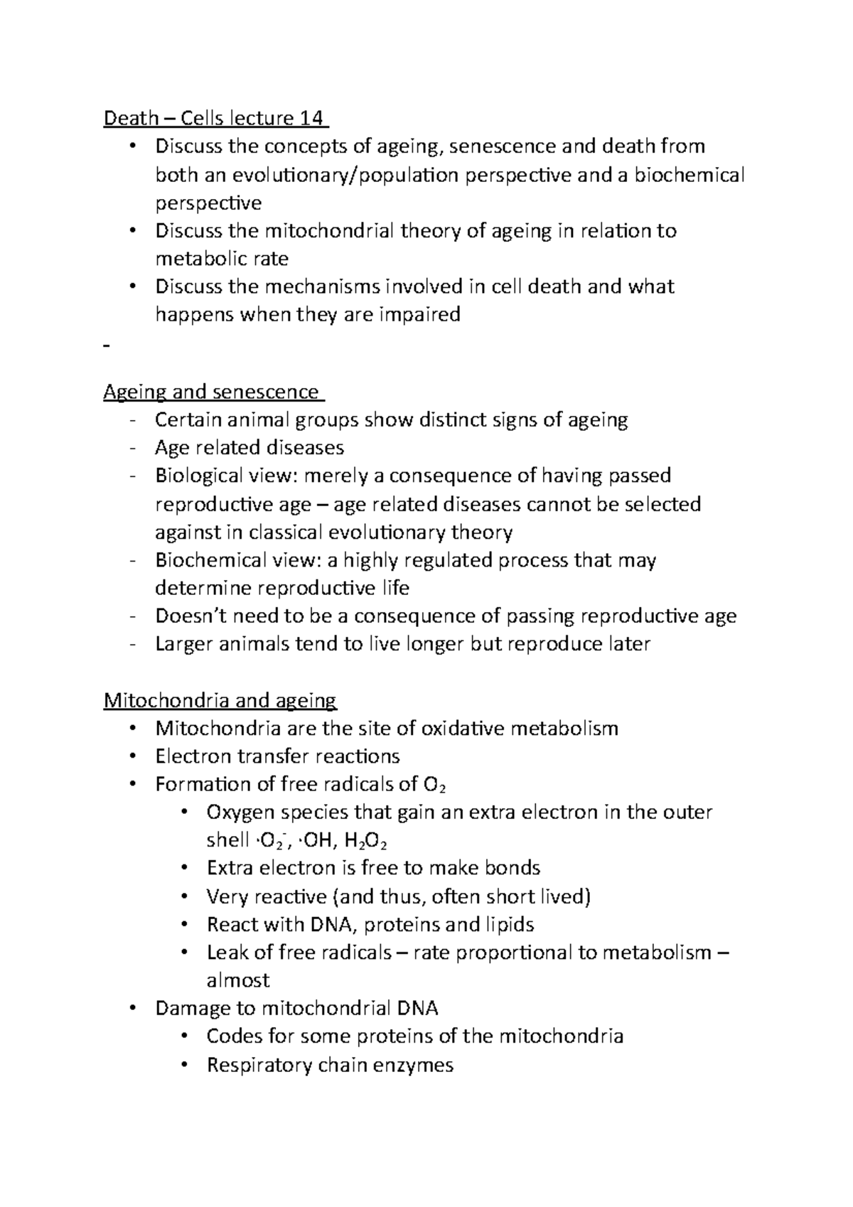 L14 -Death - Lecture notes 14 - Death – Cells lecture 14 - Discuss the ...