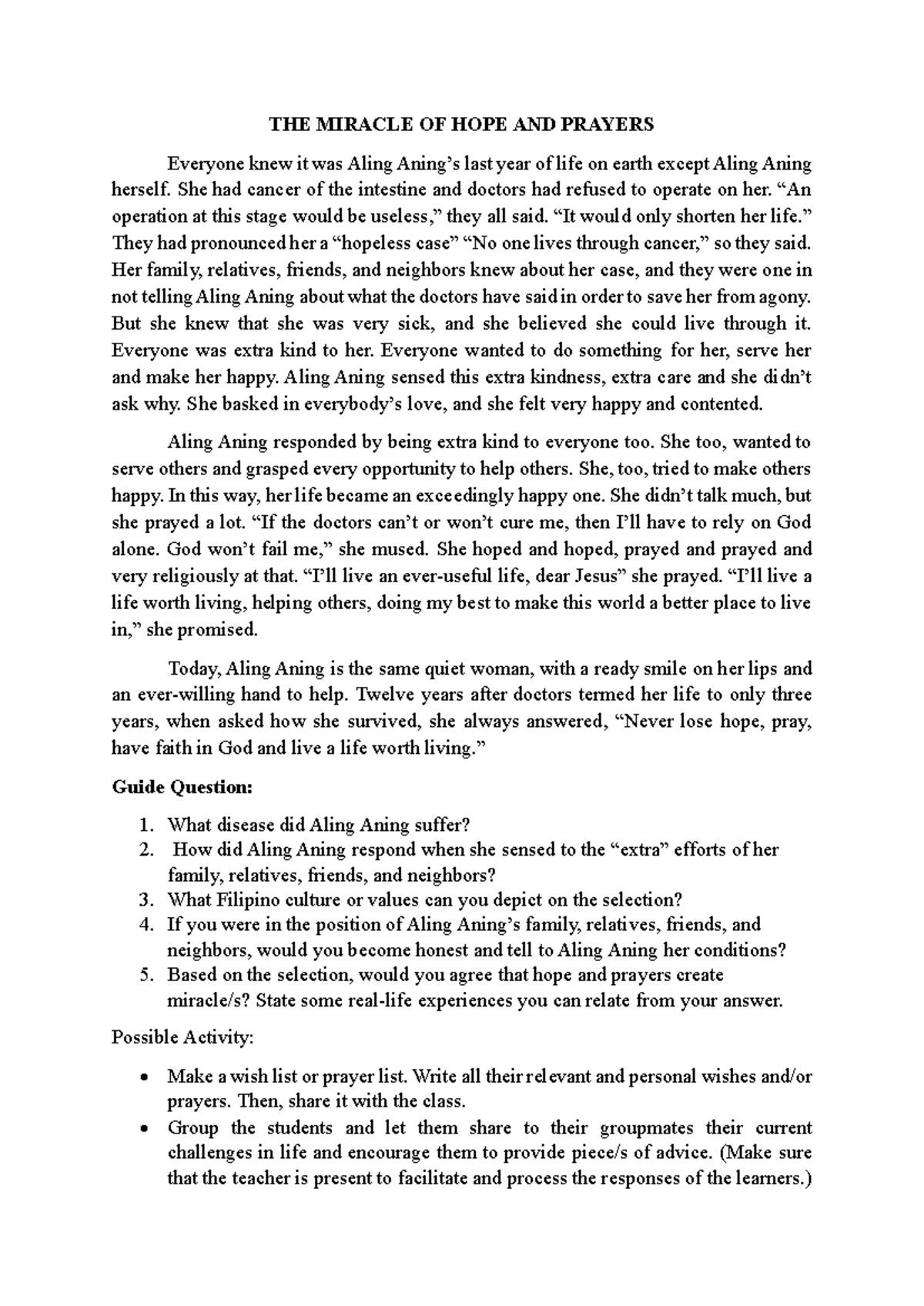 Activity for Catch Up Friday - THE MIRACLE OF HOPE AND PRAYERS Everyone ...