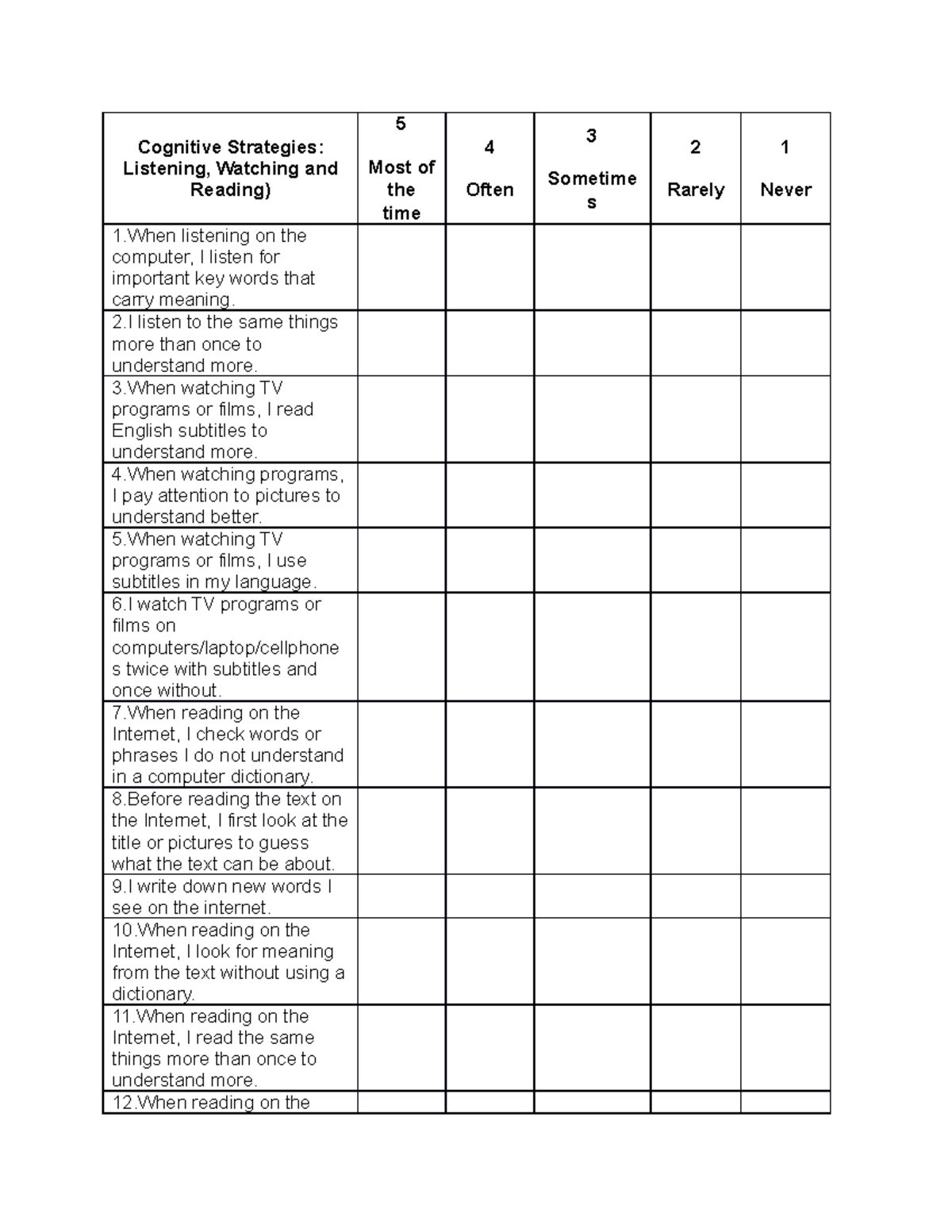 Questionnaire - lecture - Cognitive Strategies: Listening, Watching and ...