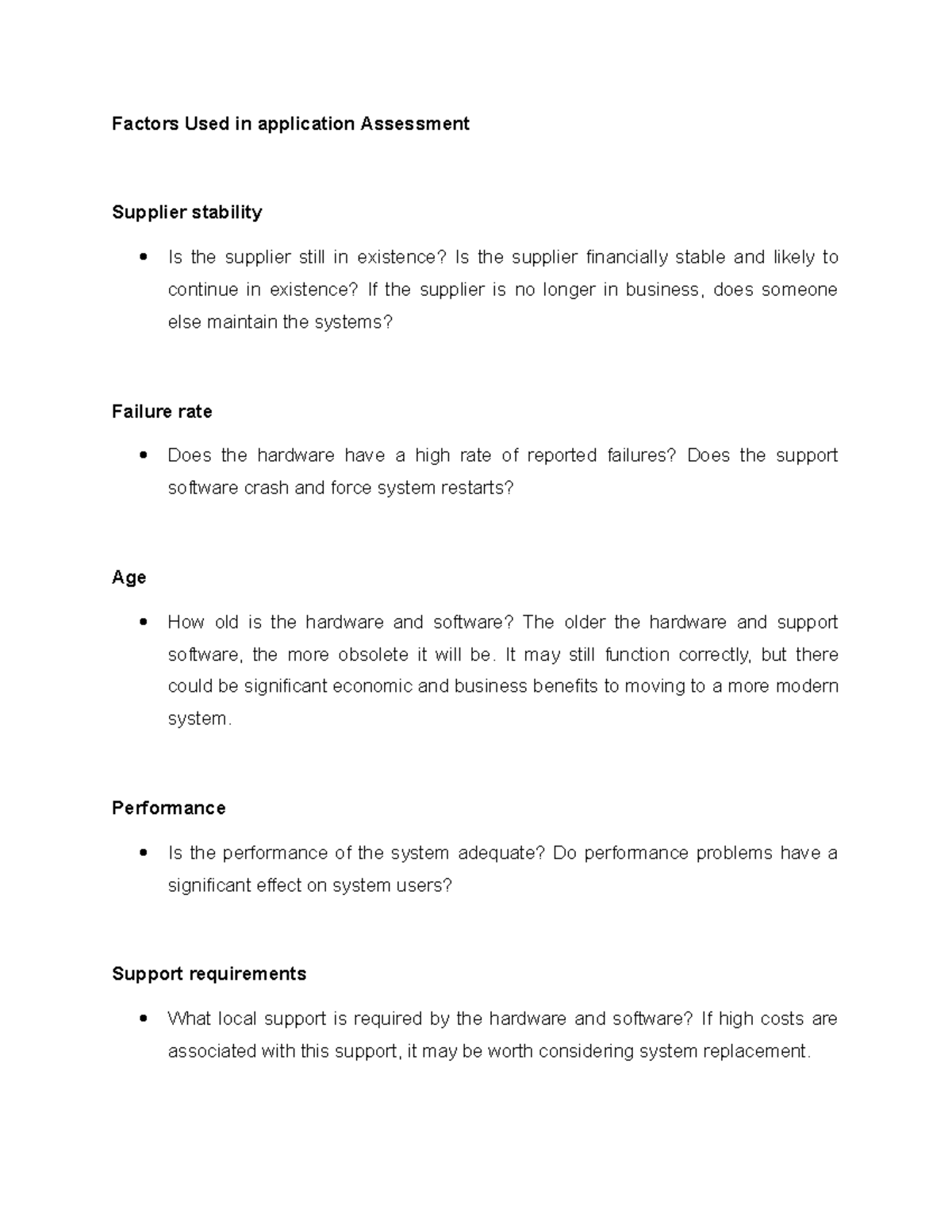 Factors Used in application Assessment - Factors Used in application ...