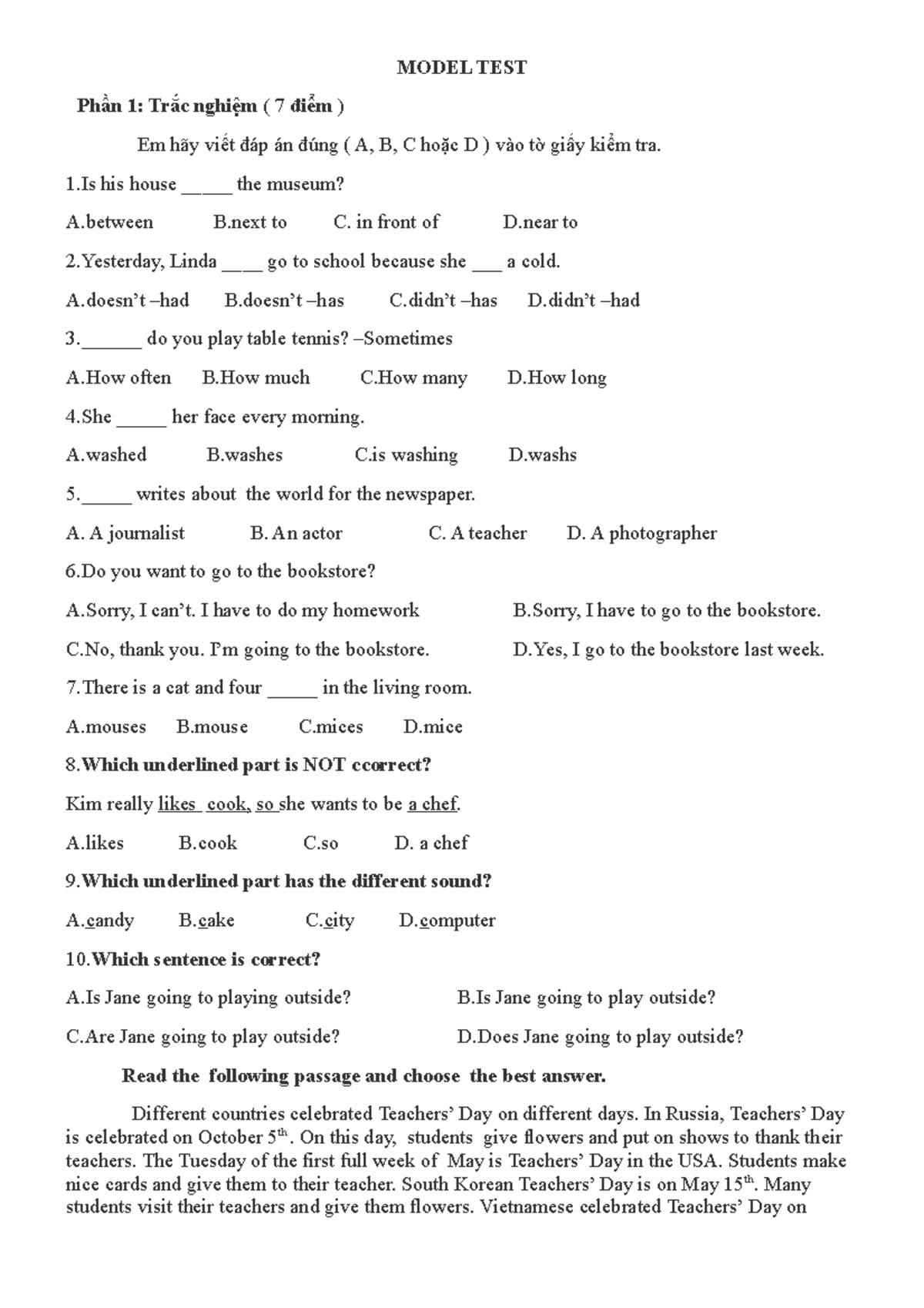 test 2022-2023 for students - MODEL TEST Phần 1: Trắc nghiệm ( 7 điểm ...