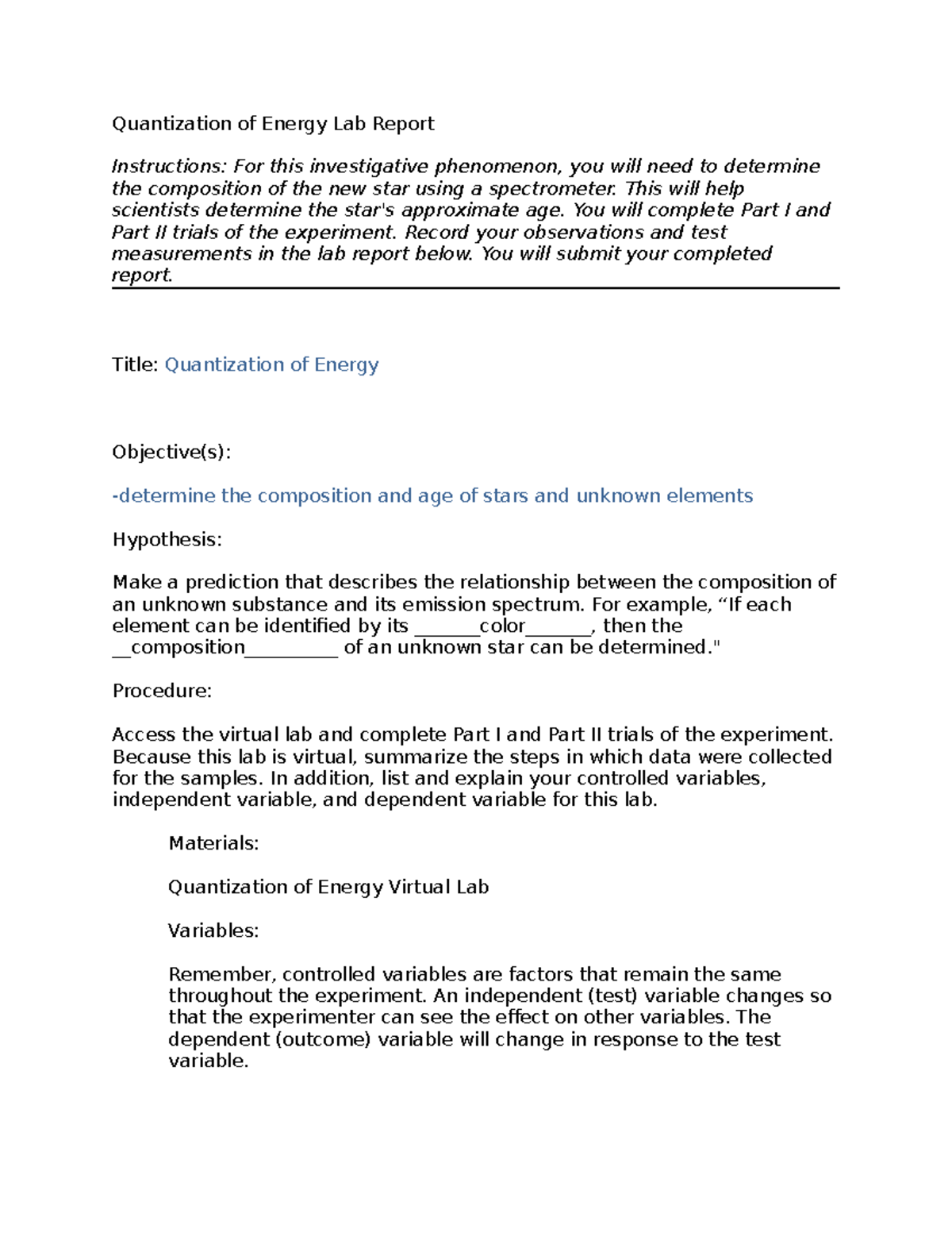Quantization energy lab report 1 - Quantization of Energy Lab Report ...