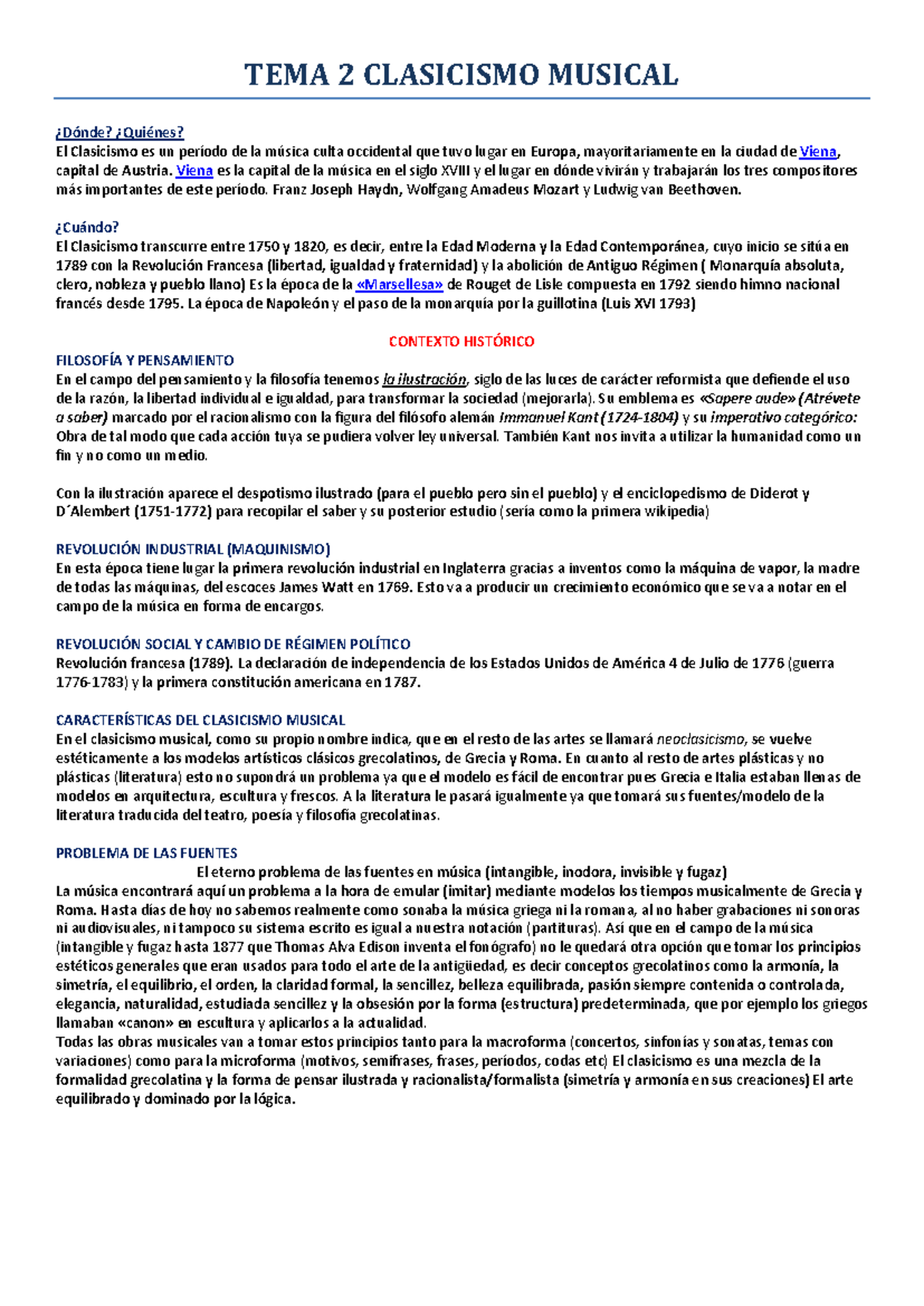 TEMA 5 Clasicismo Musical PDF - TEMA 2 CLASICISMO MUSICAL ¿Dónde? ¿Quiénes? El Clasicismo es un ...