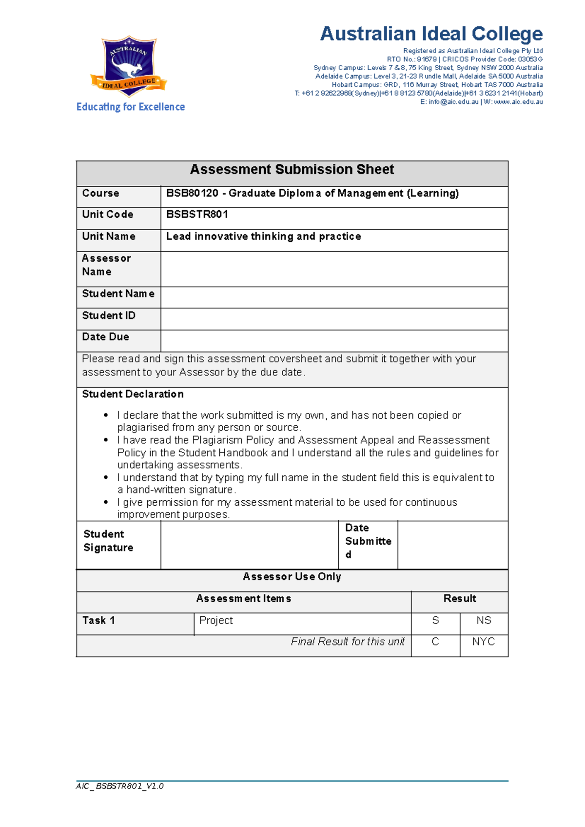 Bsbstr 801 Student Assessment Tasks V1 - ####### Registered as ...
