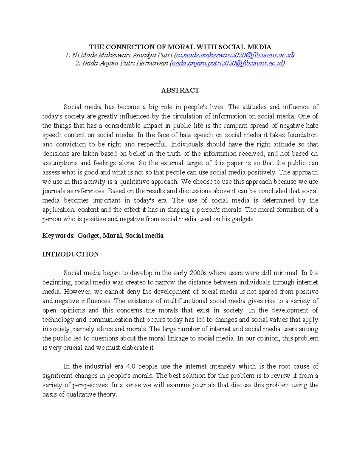 The Connection of Moral With Social Media - THE CONNECTION OF MORAL ...