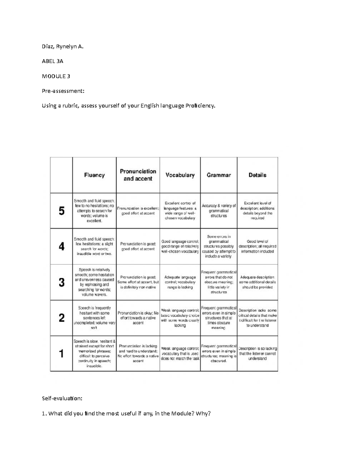 Els17diaz - It will help you - Diaz, Rynelyn A. ABEL 3A MODULE 3 Pre ...