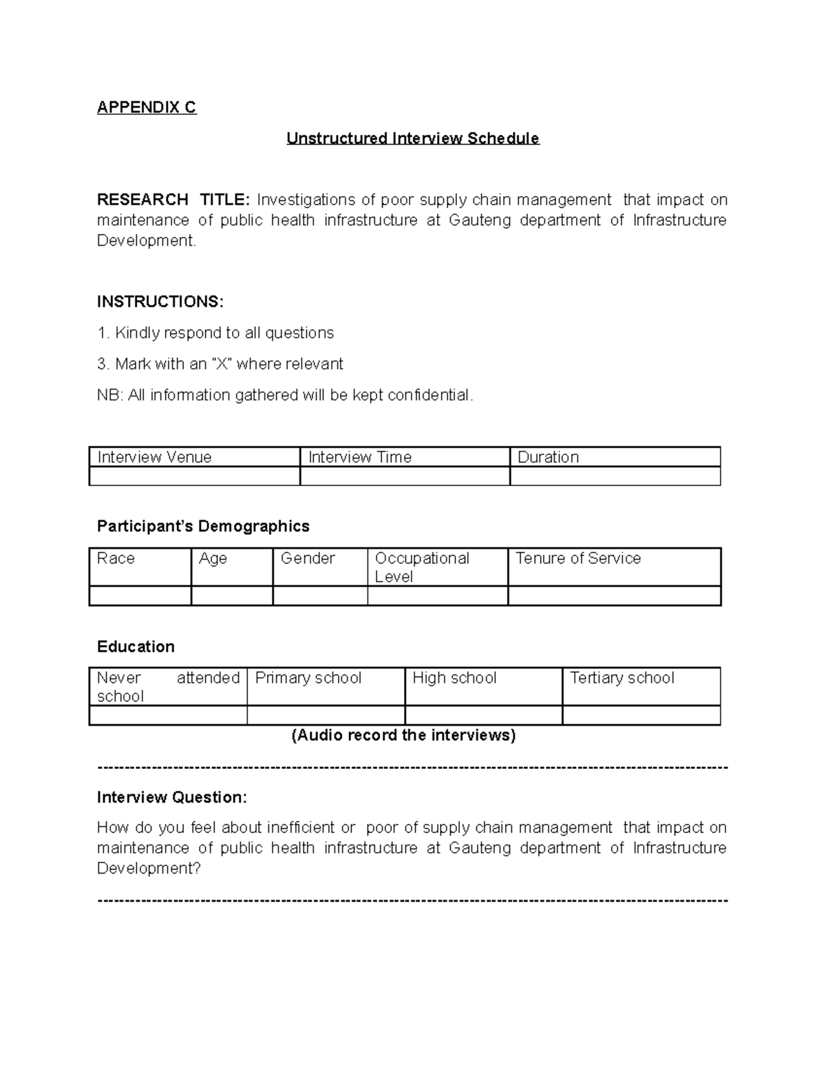 Interview schedule unstructured draft 1 - APPENDIX C Unstructured ...