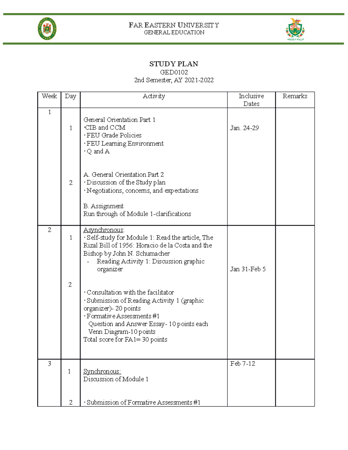 Study PLAN 2nd Sem 21 22 - GENERAL EDUCATION STUDY PLAN GED 2nd ...