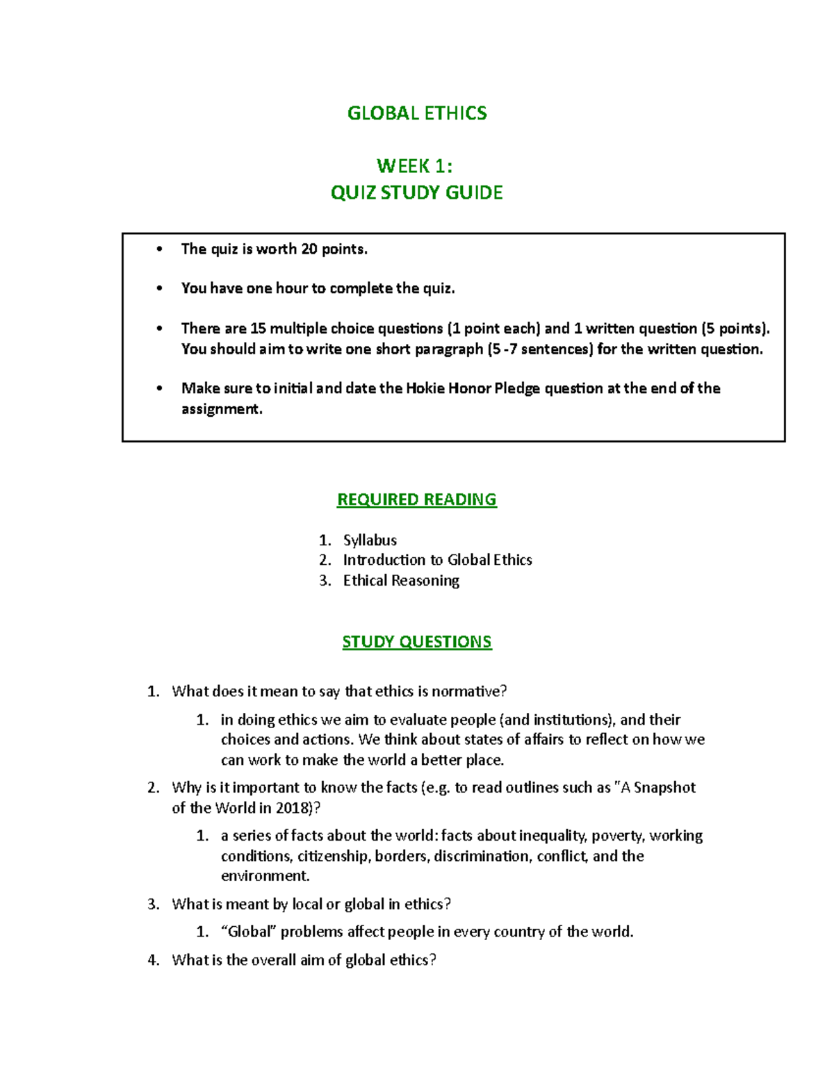 Global Ethics- quiz 1 study guide - GLOBAL ETHICS WEEK 1: QUIZ STUDY ...