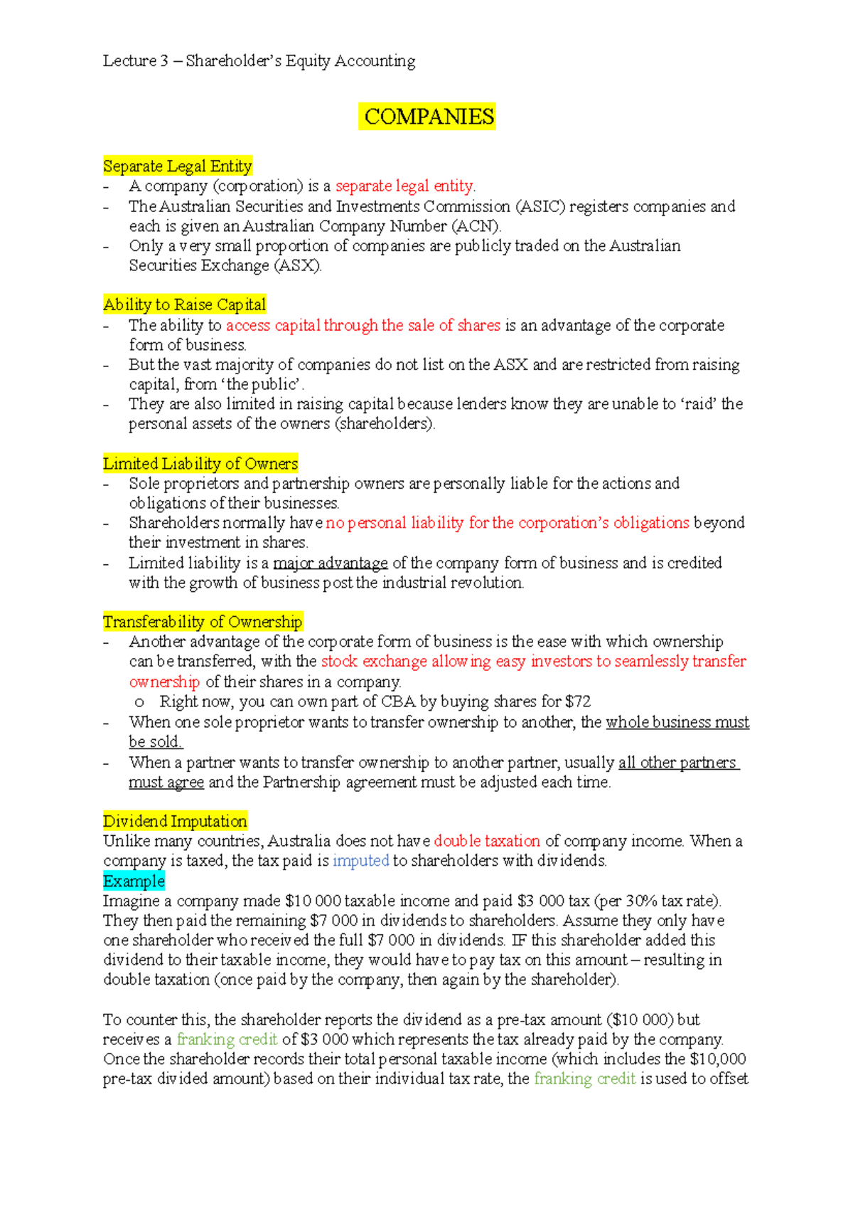 Lec3 - Shareholders' Equity Accounting - COMPANIES Separate Legal ...