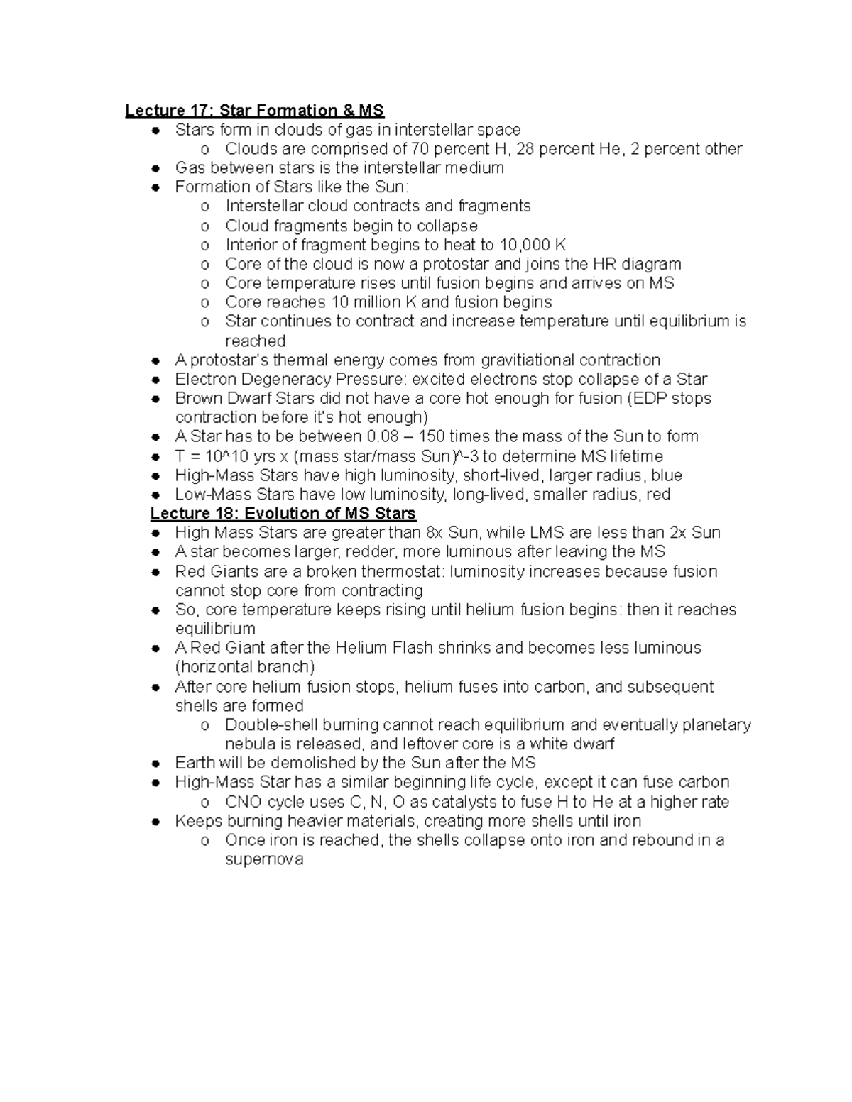 Astronomy Midterm Review Sheet #3 - Lecture 17: Star Formation & MS ...