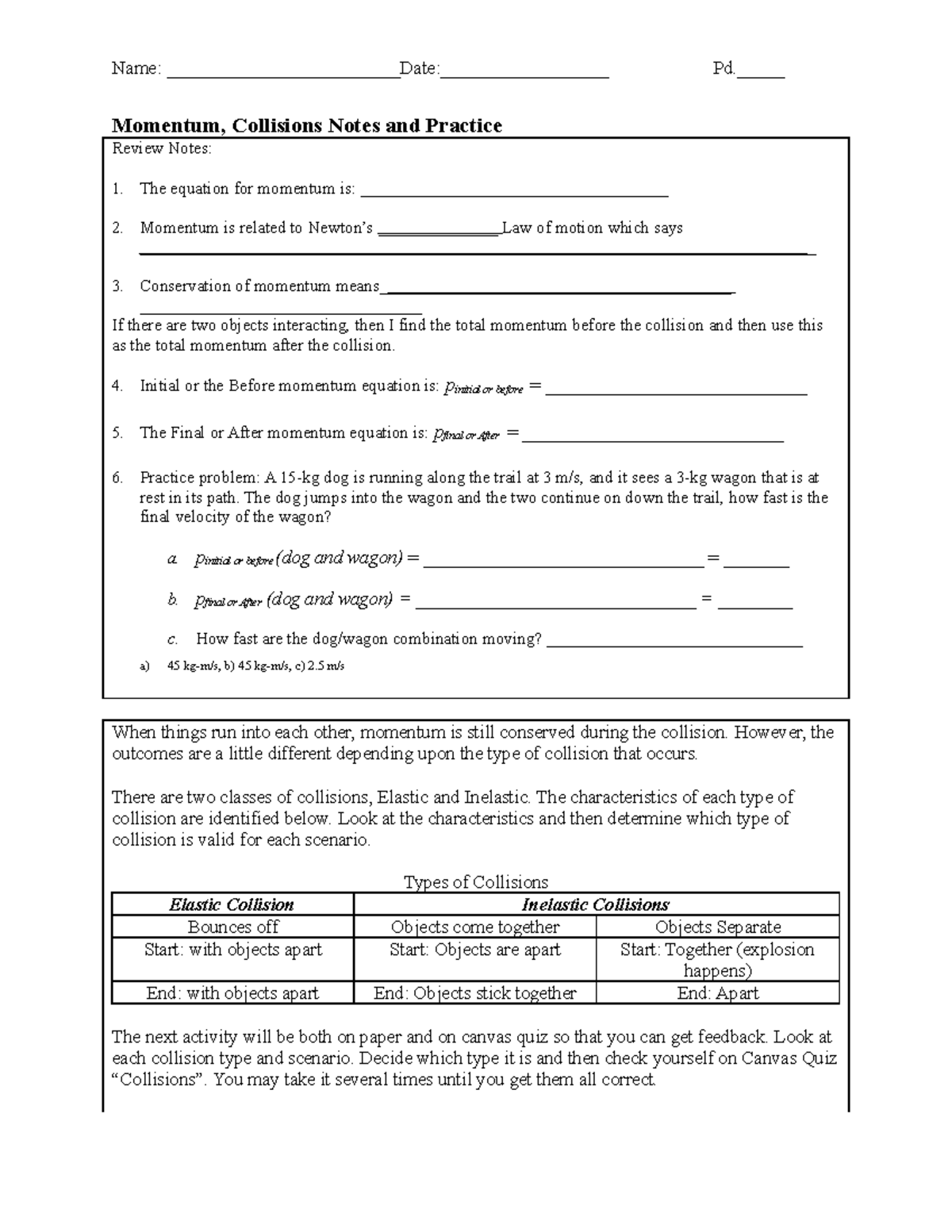 Collisions Notes and Practice - Momentum, Collisions Notes and Practice ...