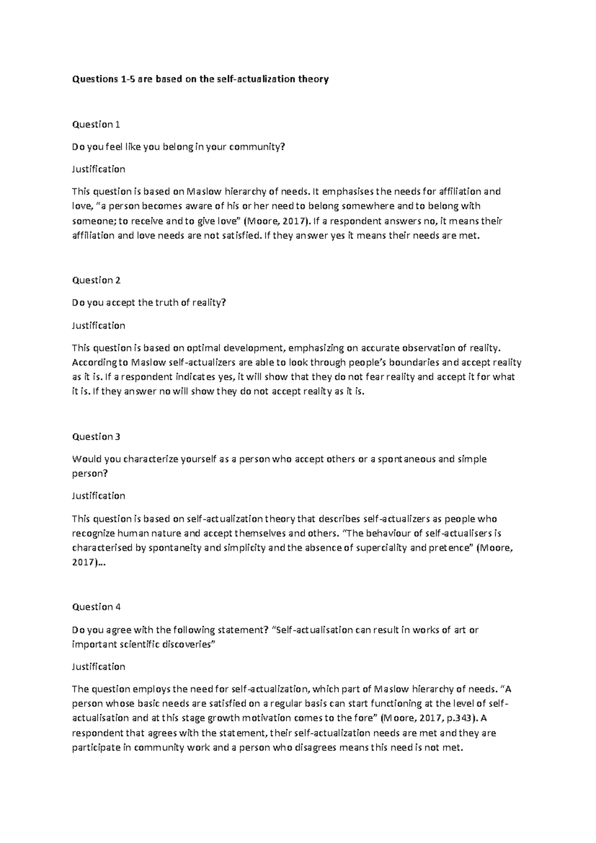 Assignment 5 - examples of questionnaires to be rated - Questions 1-5 ...