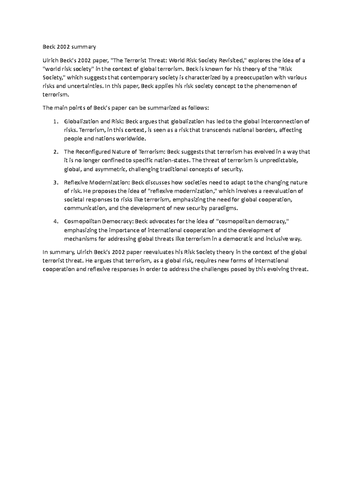 Beck 2002 summary - Beck 2002 summary Ulrich Beck's 2002 paper, "The ...