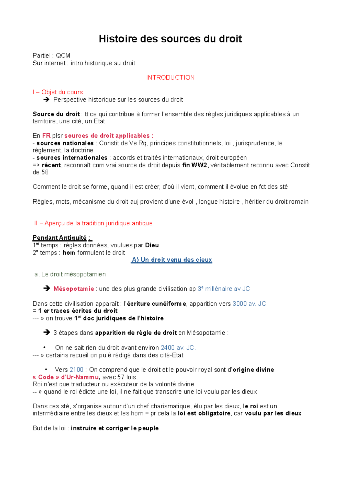 Intro + Chapitre 1 Histoire des sources du droit L1 - Histoire des sources du droit Partiel ...