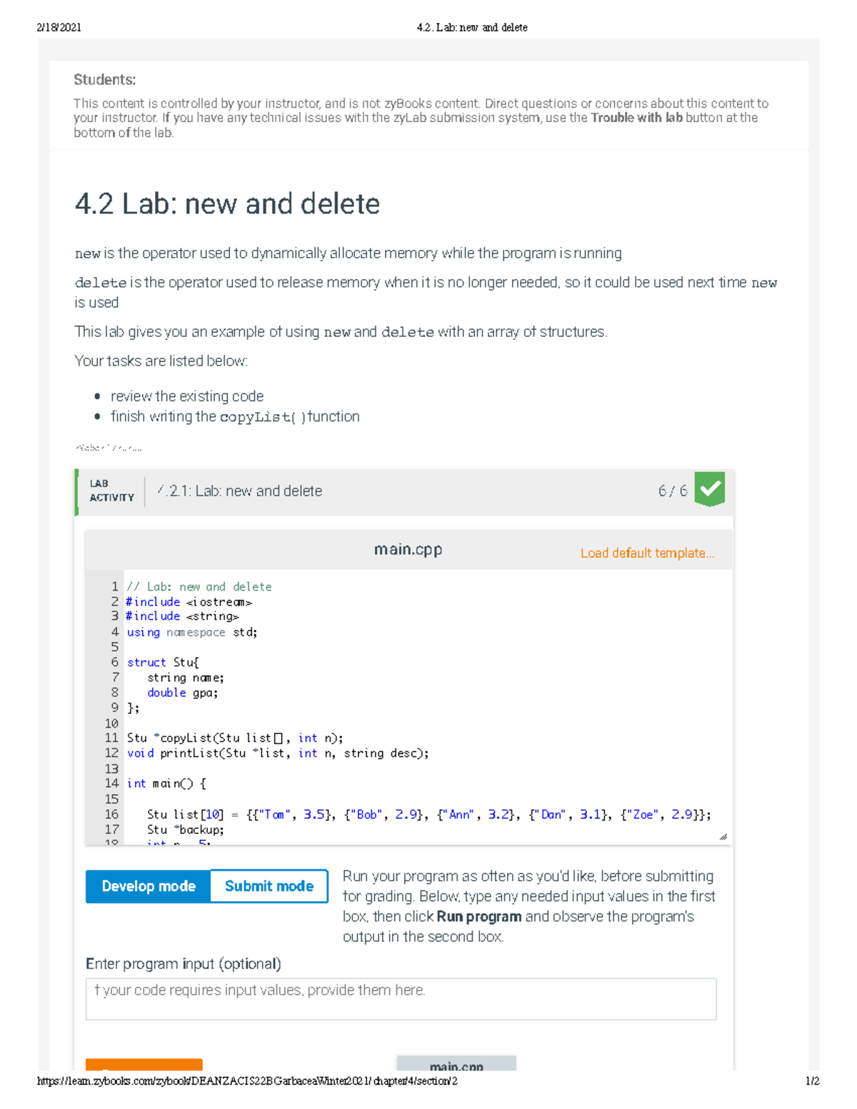 4.2. Lab new and delete - Grade: A - 2/18/2021 4. Lab: new and delete ...