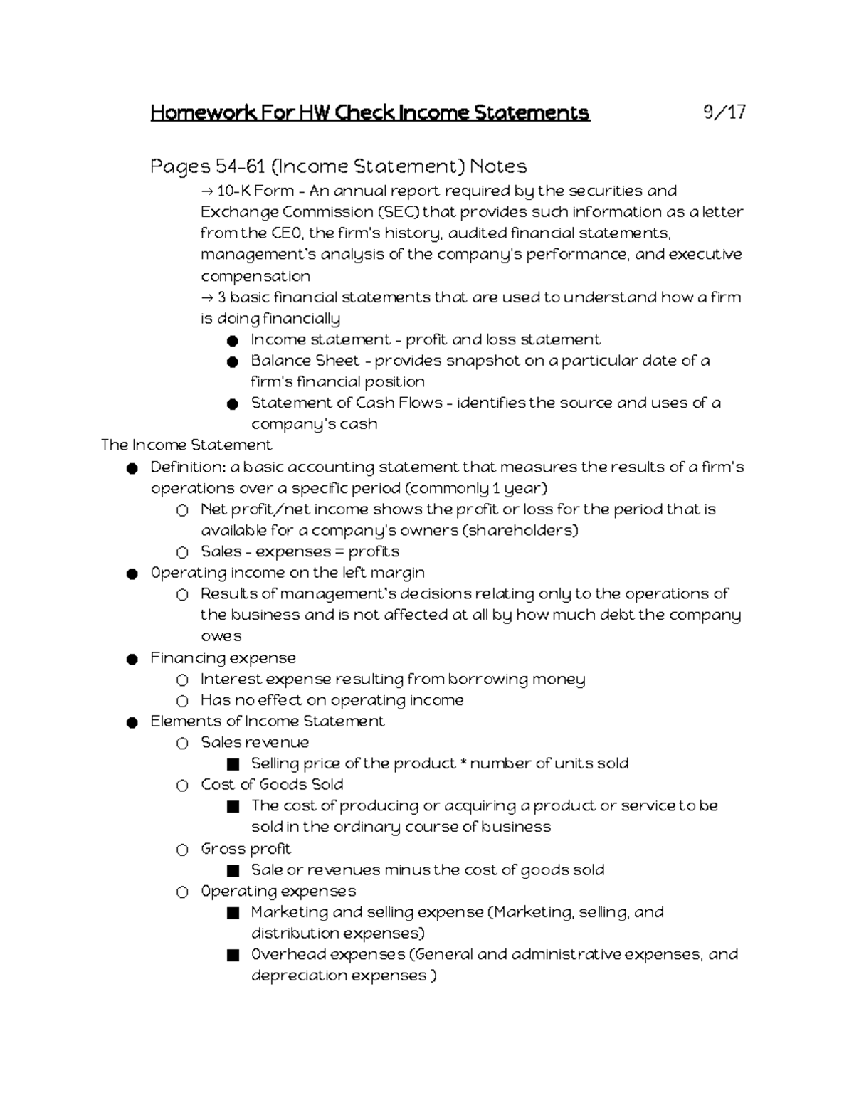 Income Statements HW - Homework For HW Check Income Statements Pages ...