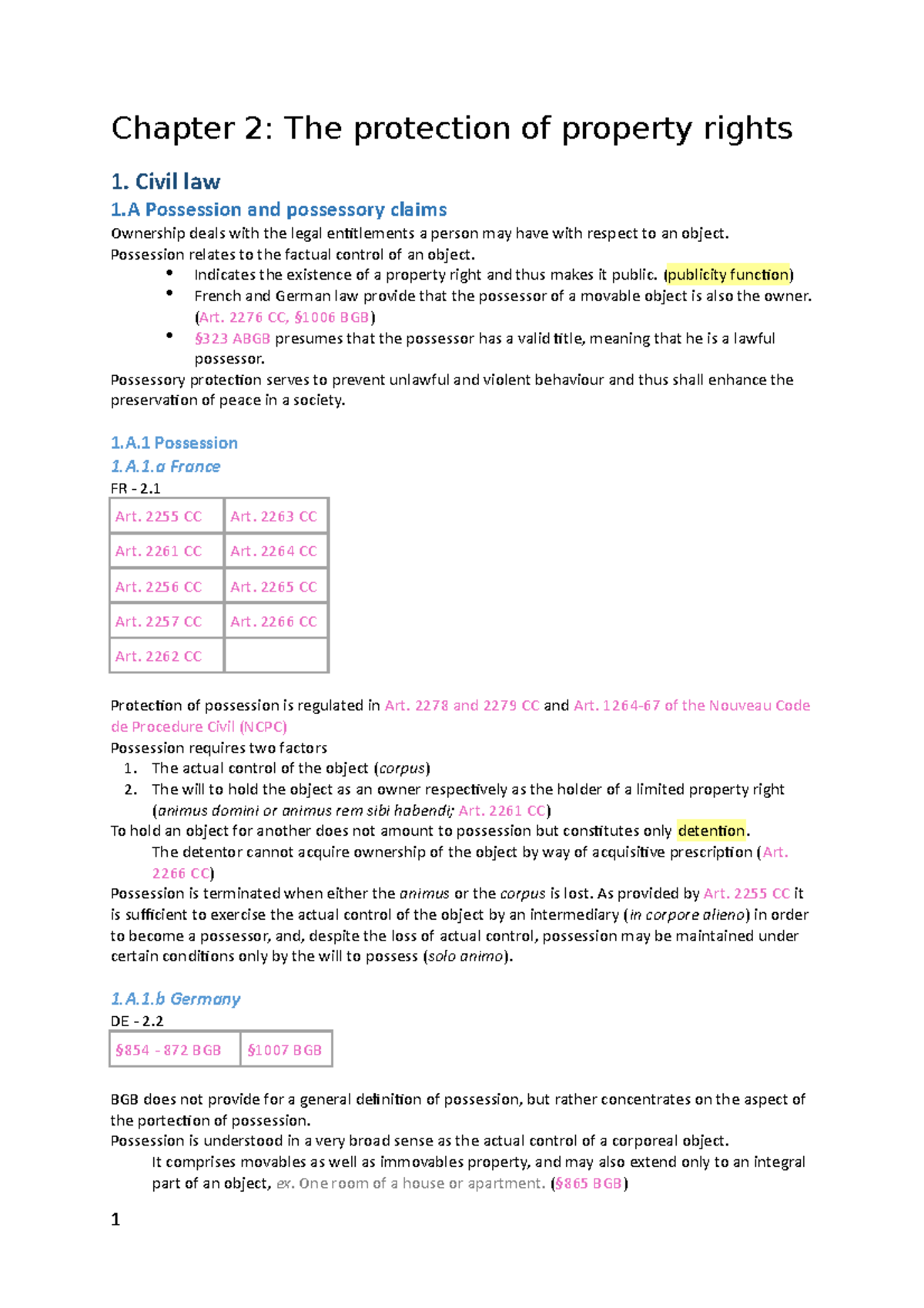 Chapter 2 - Chapter 2: The protection of property rights 1. Civil law 1 ...