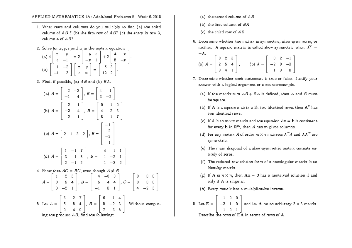 Exam 3 April 2018, questions - APPLIED MATHEMATICS 1A: Additional ...