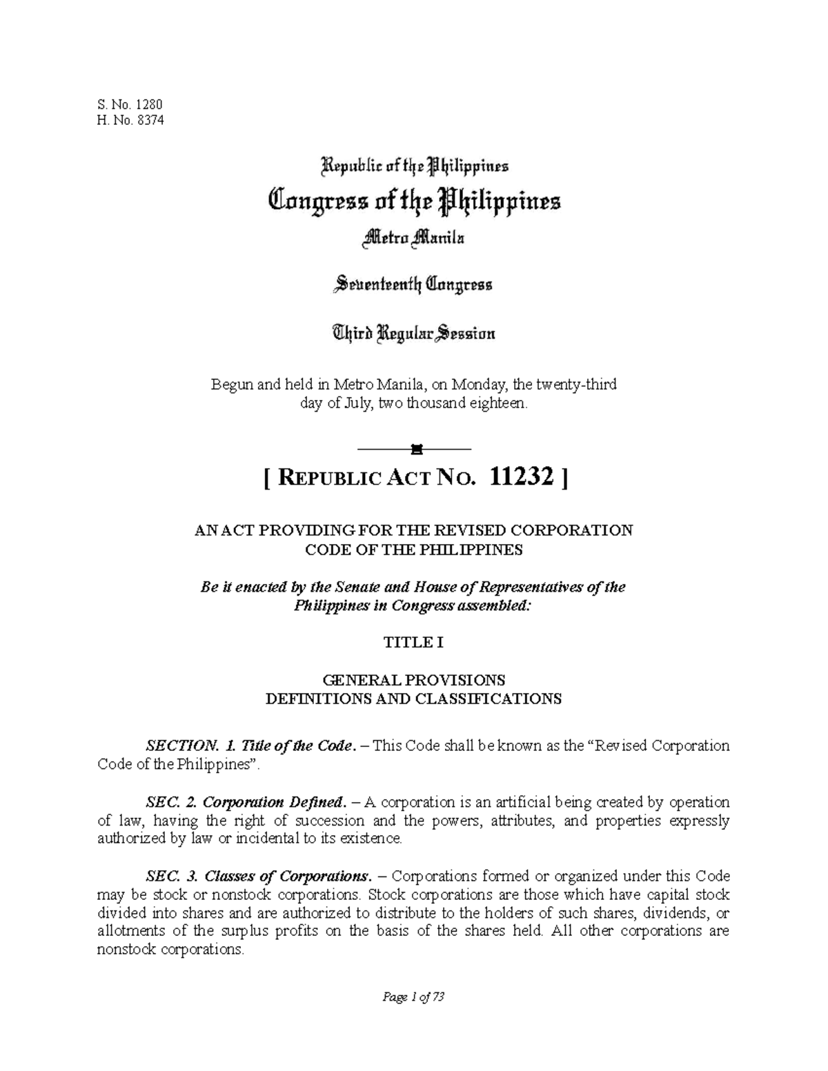 2019 Legislation RA-11232- Revised- Corporation-CODE-2019 - S. No. 1280 ...