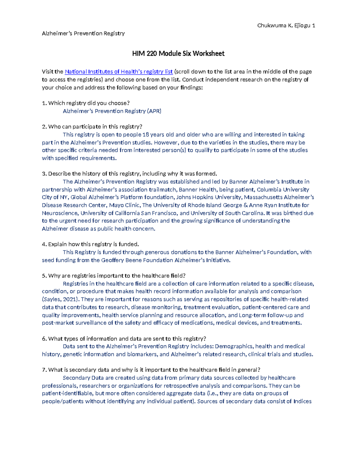 HIM 220 Module 6 Worksheet - Alzheimer Prevention Registry - Chukwuma K ...