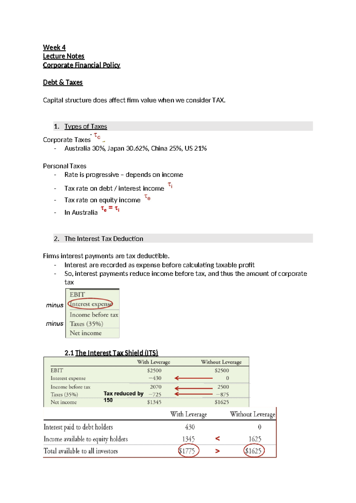 Notes - Week 4 - Week 4 Lecture Notes Corporate Financial Policy Debt ...
