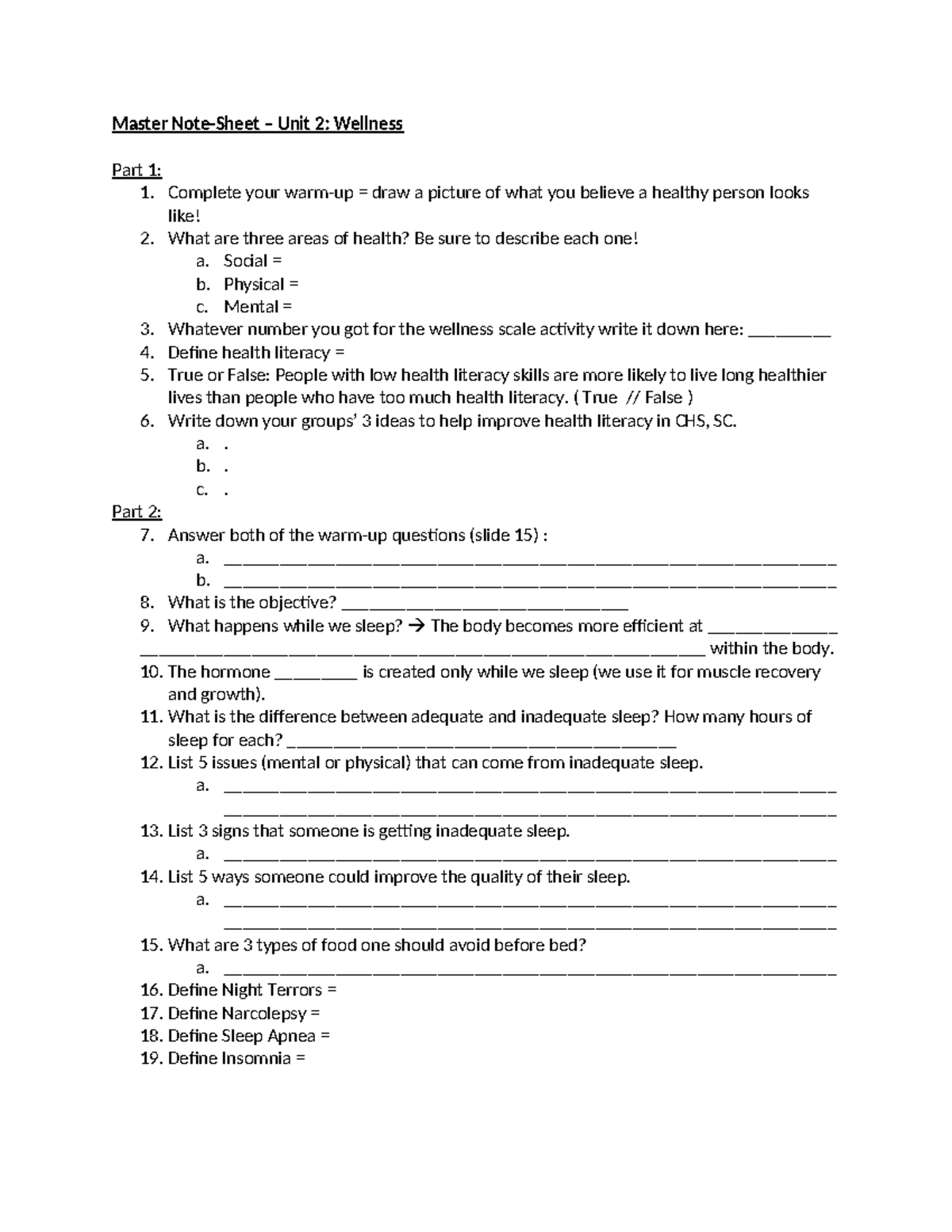 Master Notesheet - U2 - notes - Master Note-Sheet – Unit 2: Wellness ...