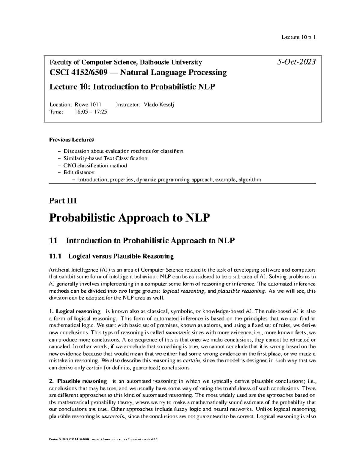Nlp10 - Probabilistic approach - Lecture 10 p. Faculty of Computer Science, Dalhousie University ...