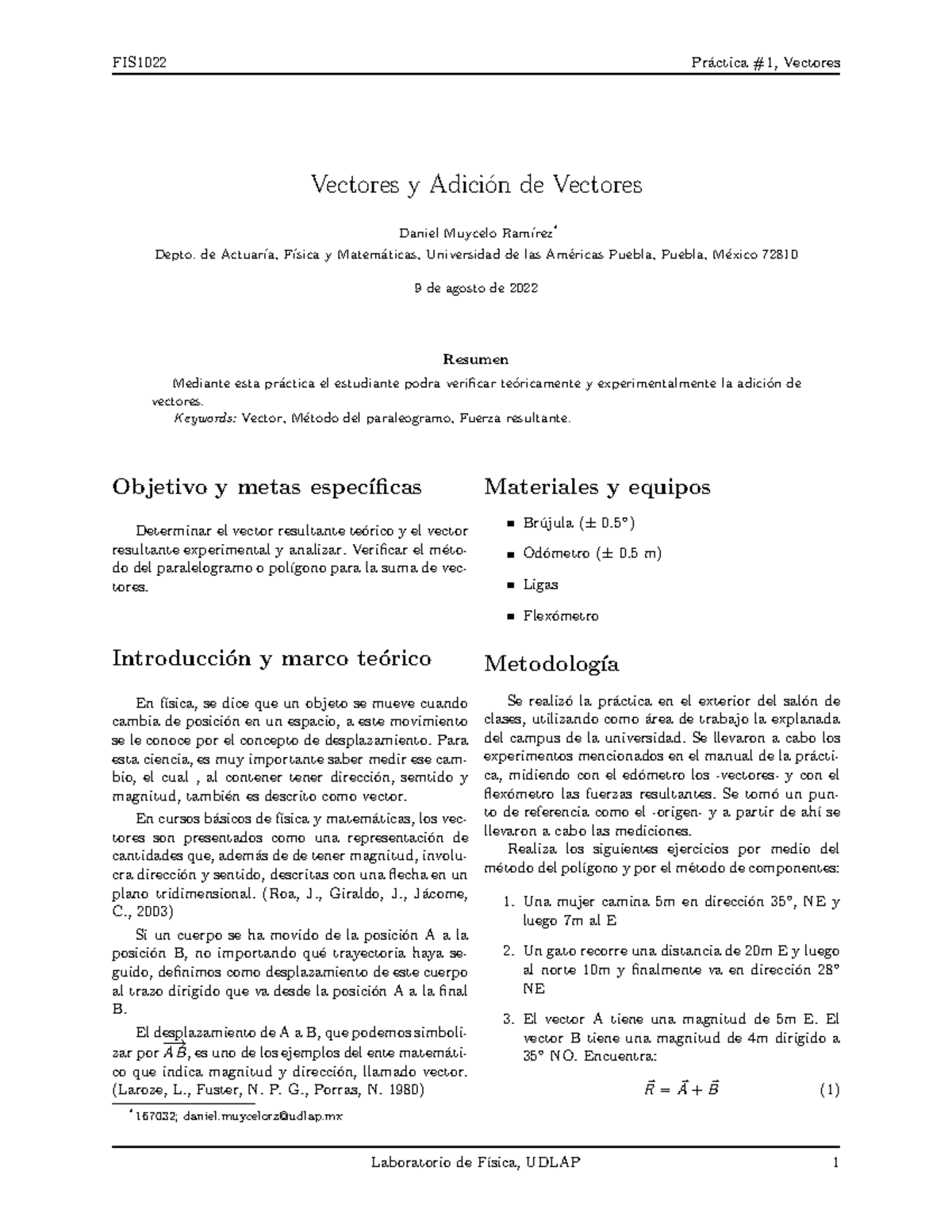 Pr ctica 1 Vectores - FIS1022 Pr ́actica #1, Vectores Vectores y Adici ́on de Vectores Daniel ...
