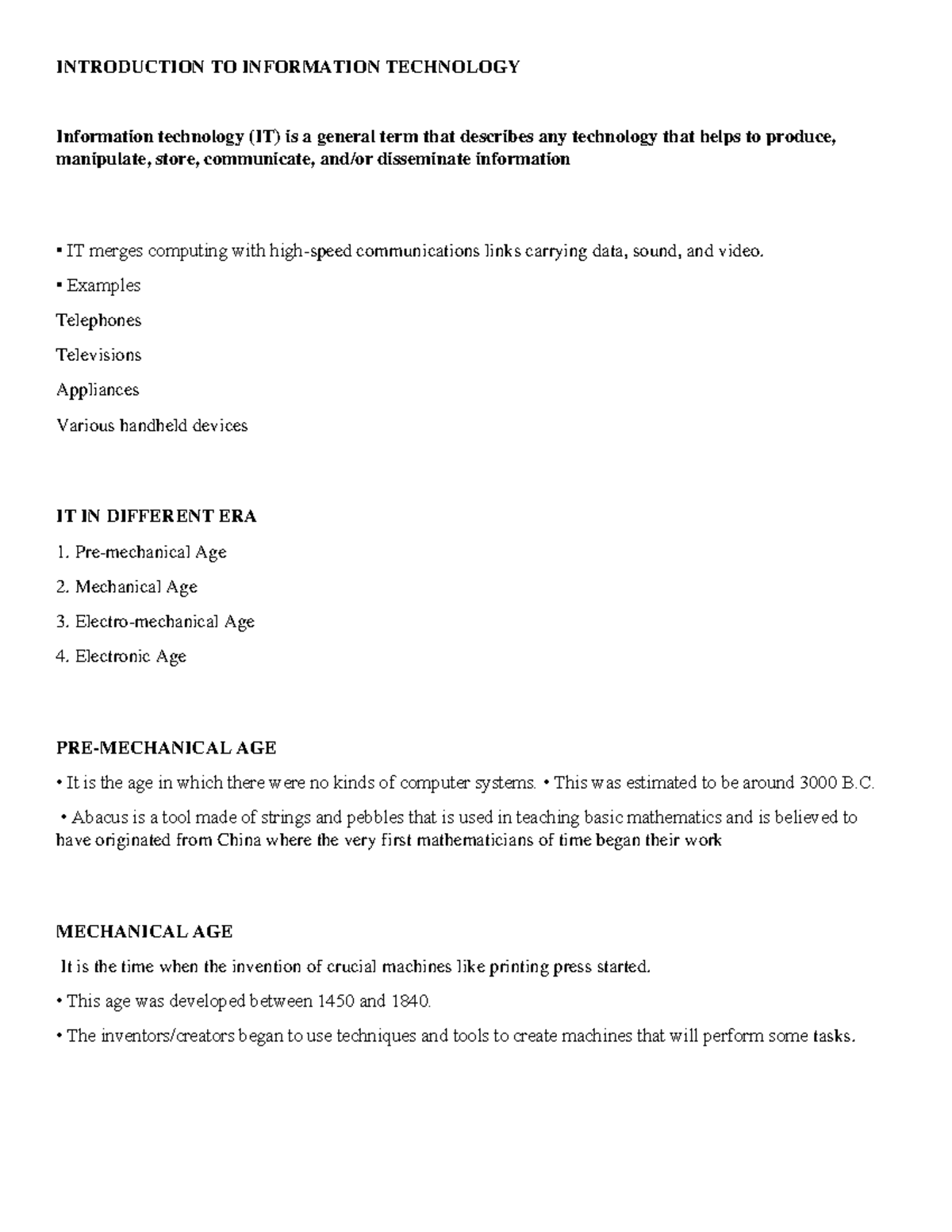 Intro TO Information TECH - INTRODUCTION TO INFORMATION TECHNOLOGY ...