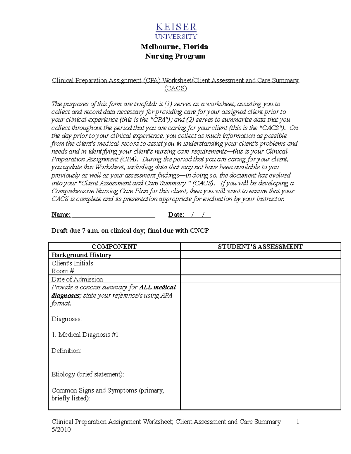 CPA form - Clinical preparation assignment - Melbourne, Florida Nursing ...