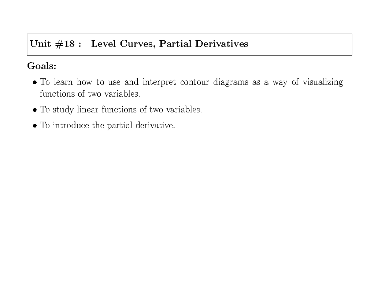 Integral Calculus - Unit #18 : Level Curves, Partial Derivatives Goals ...