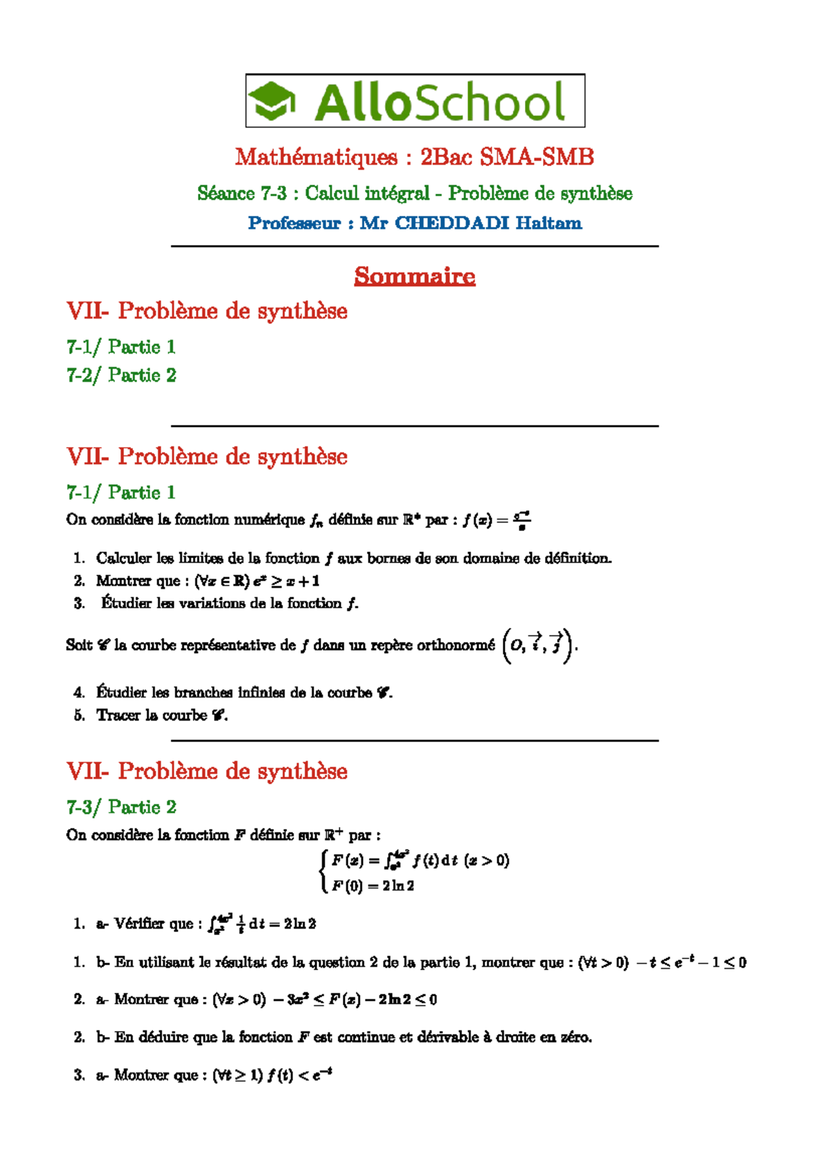 Seance 7 3 calcul integral probleme de synthese 2 - Mathématiques de ...