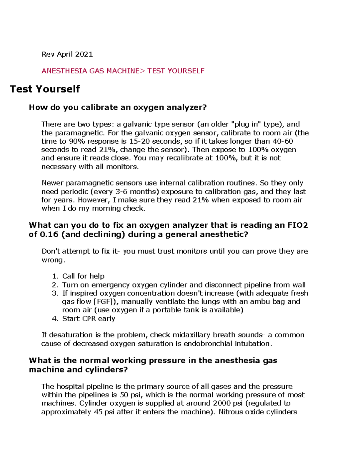 A83 - Anesthesia - Rev April 2021 ANESTHESIA GAS MACHINE> TEST YOURSELF ...