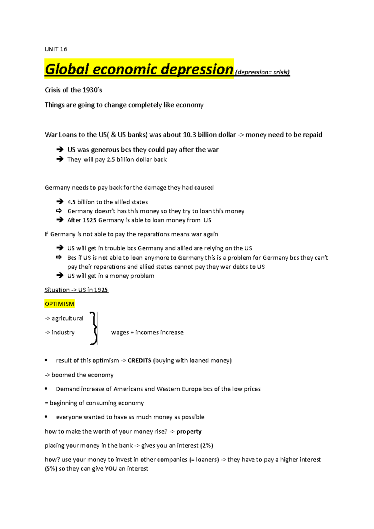 UNIT 16: global economic depression - no bank will loan money to a ...