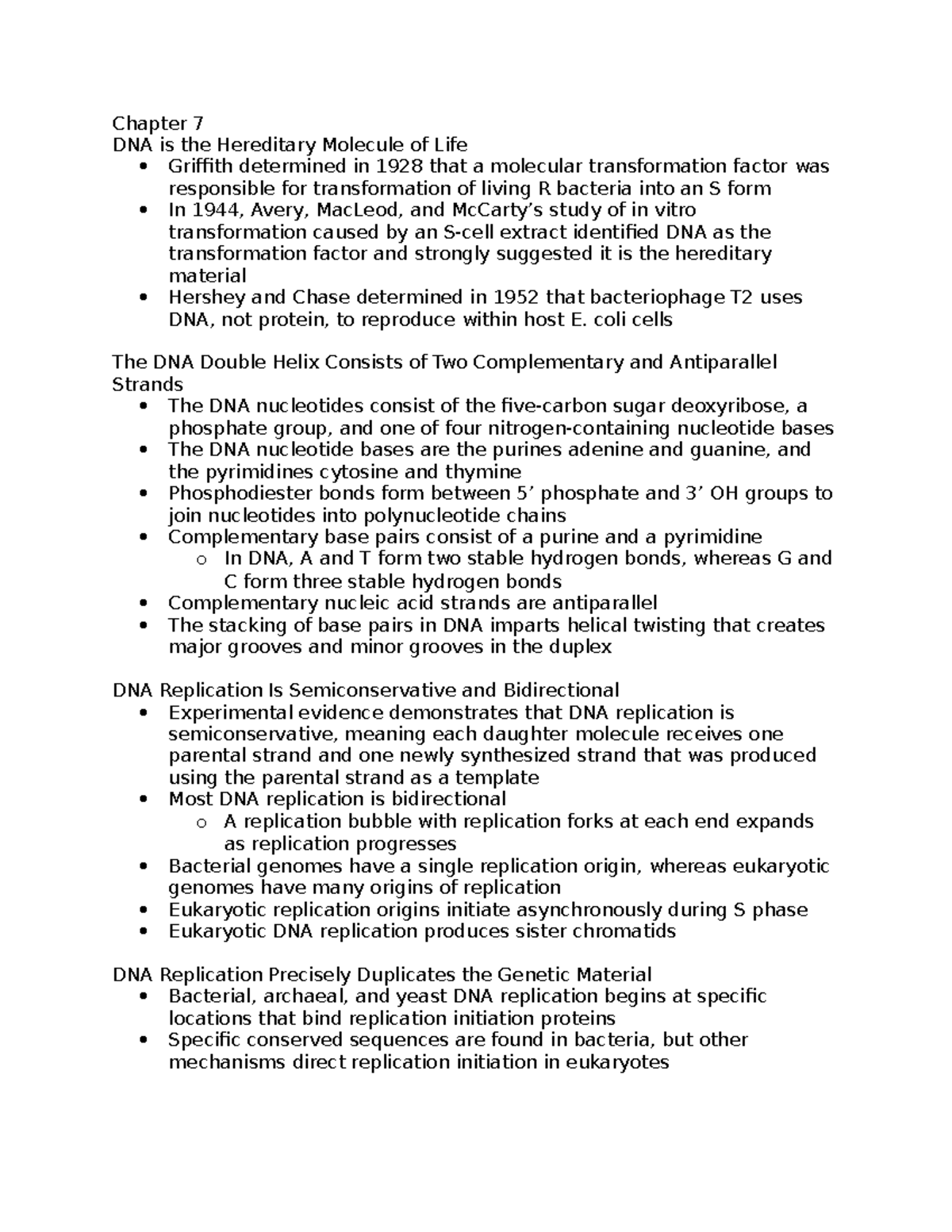 Exam 2 (summer) content outline - Chapter 7 DNA is the Hereditary Molecule of Life Griffith ...