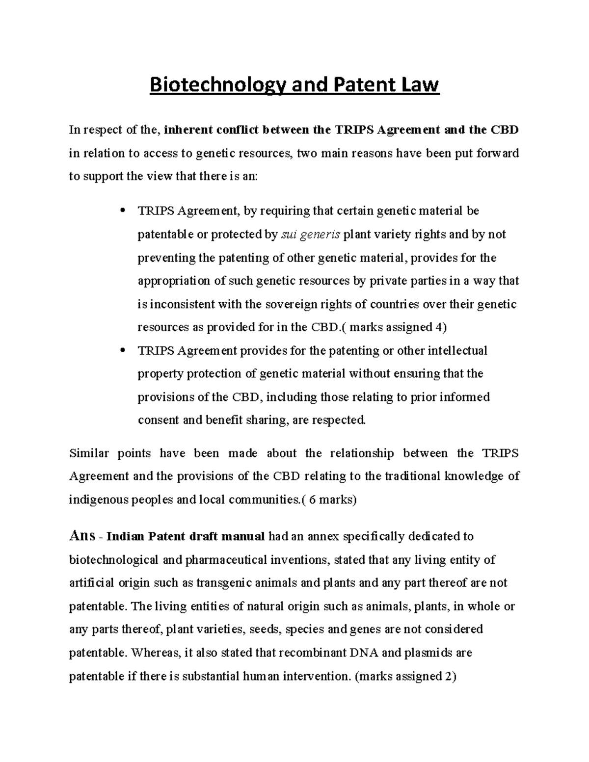 Biotechnology and Patent Law - ( marks assigned 4) TRIPS Agreement ...