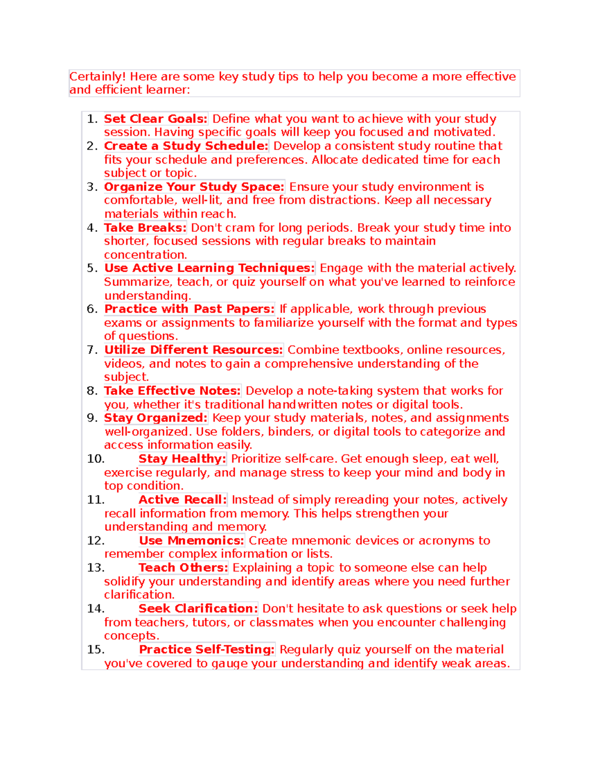 Review TIPS - Certainly! Here are some key study tips to help you ...