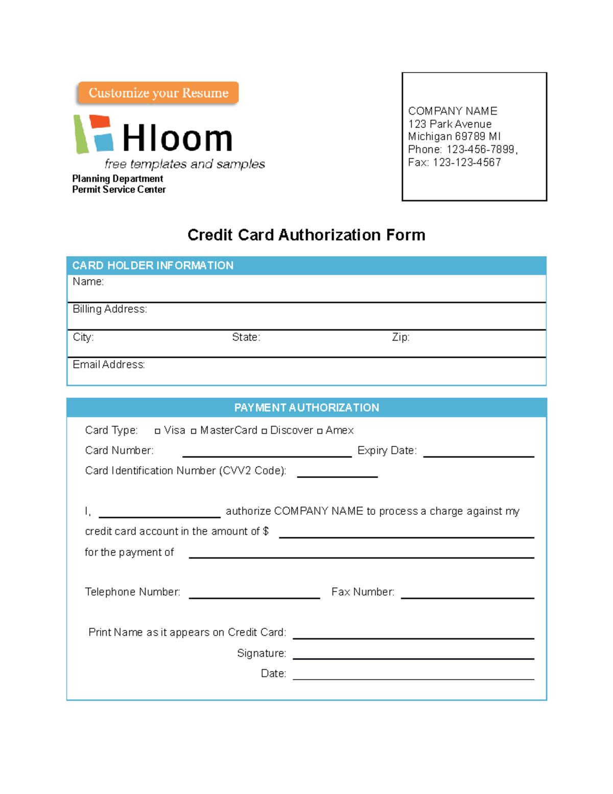 Simple Credit Card Authorization Form - Planning Department Permit ...